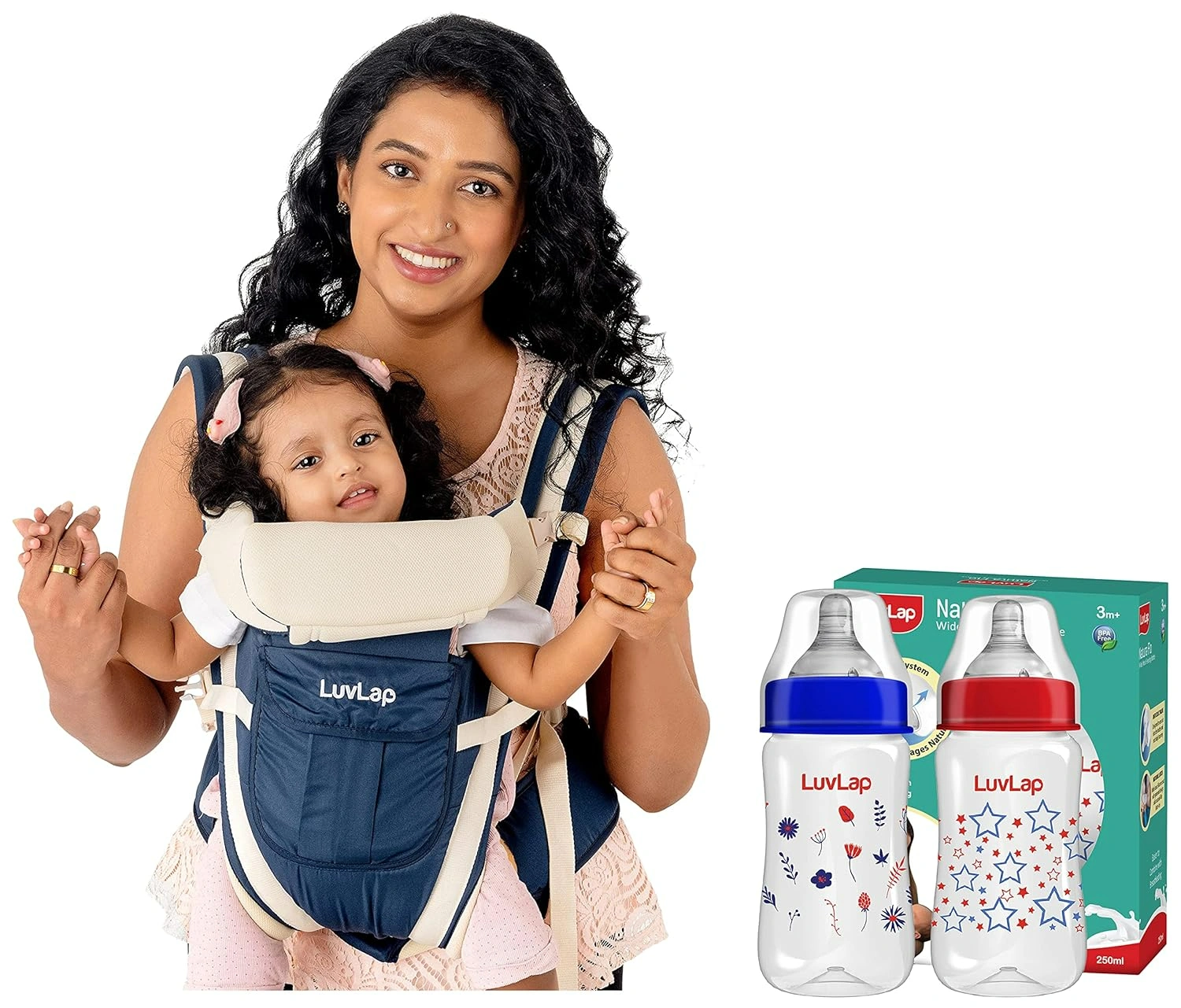 LuvLap carrier (Dark Blue) 4 positions,15 kg max & Anti-colic Wide Neck ...