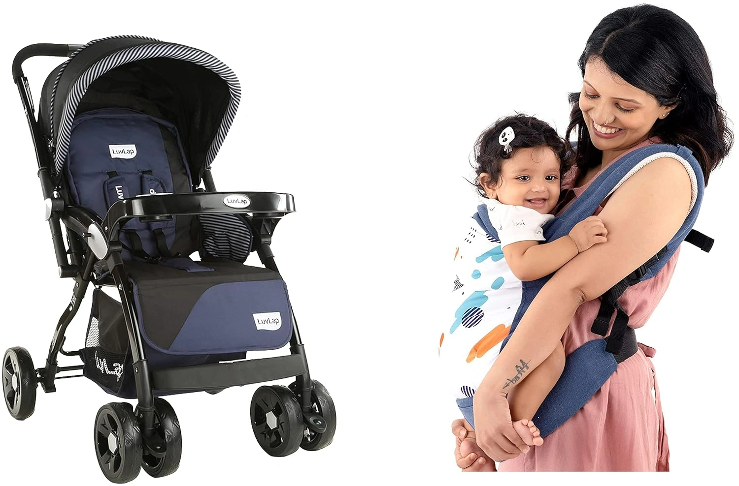 Luvlap Galaxy Stroller/Pram (Navy/Black) & Adore Baby Carrier with 3 ...